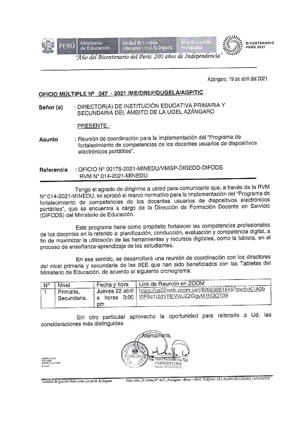 OFICIO MÚLTIPLE N° 047 – UGEL AZÁNGARO, REUNIÓN DE COORDINACIÓN PARA LA ...