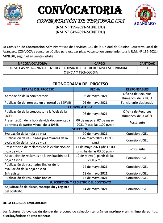 PROCESO CAS N° 026-2021- UE N° 303 – FORMADOR TUTOR DEL NIVEL SECUNDARIA – CIENCIA Y TECNOLOGIA.