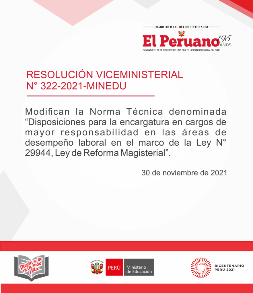 RESOLUCIÓN VICEMINISTERIAL N° 322-2021-MINEDU – MODIFICAN LA NORMA TÉCNICA DENOMINADA ...