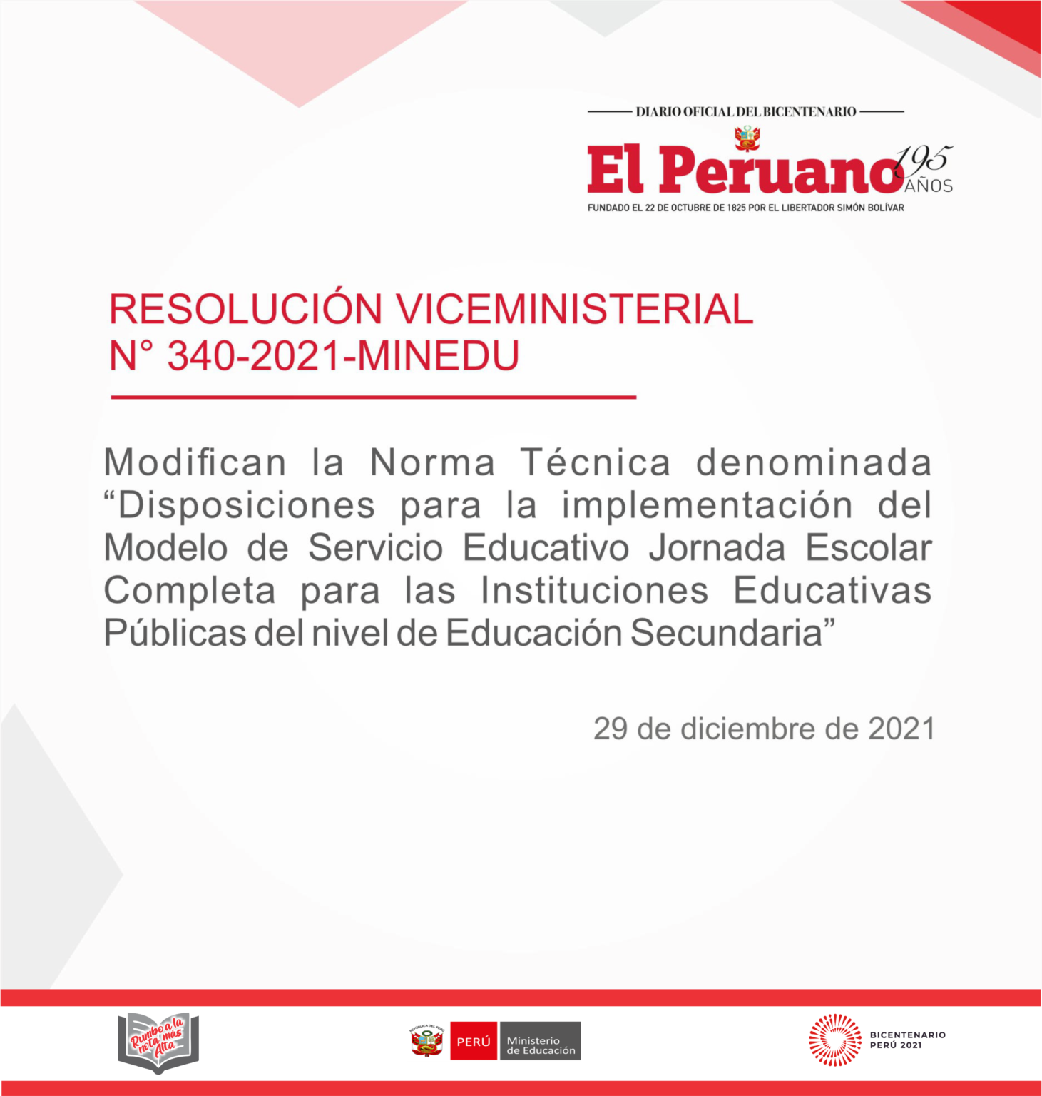 RESOLUCIÓN VICEMINISTERIAL N° 340-2021-MINEDU – MODIFICAN LA NORMA TÉCNICA DENOMINADA ...