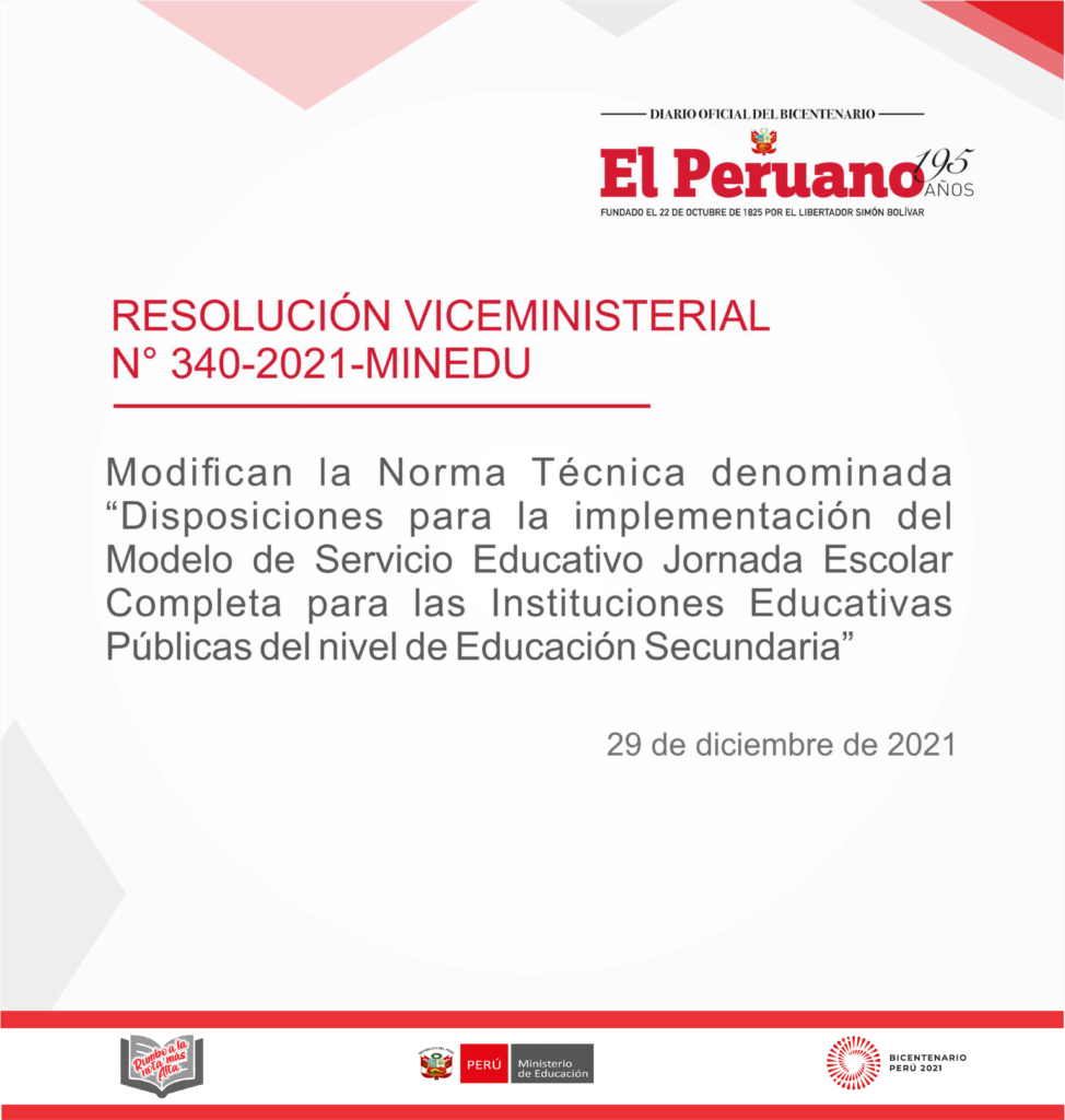 RESOLUCIÓN VICEMINISTERIAL N° 340-2021-MINEDU – MODIFICAN LA NORMA TÉCNICA DENOMINADA ...