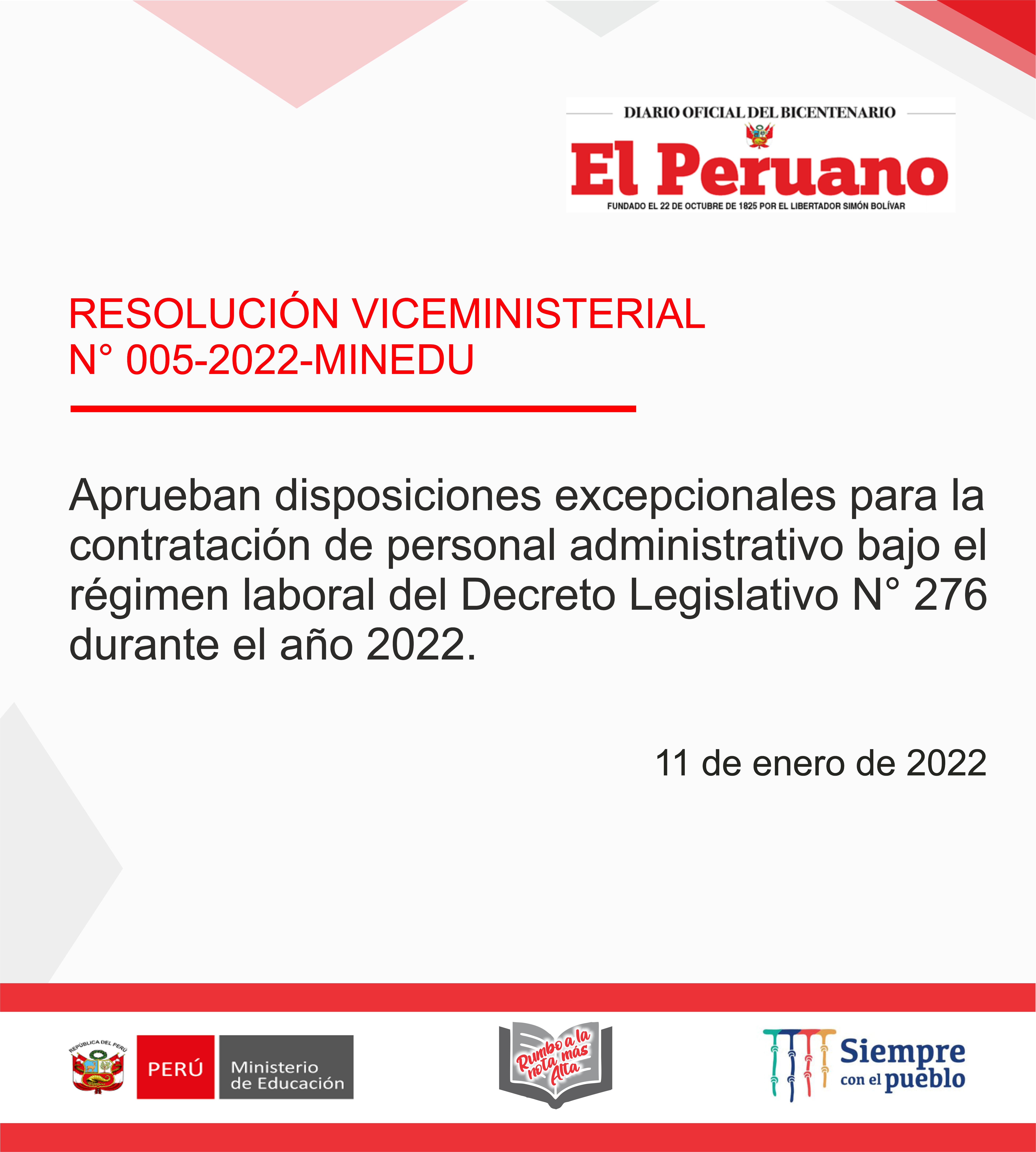 RESOLUCIÓN VICEMINISTERIAL N° 005-2022-MINEDU – Aprueban disposiciones excepcionales para la ...