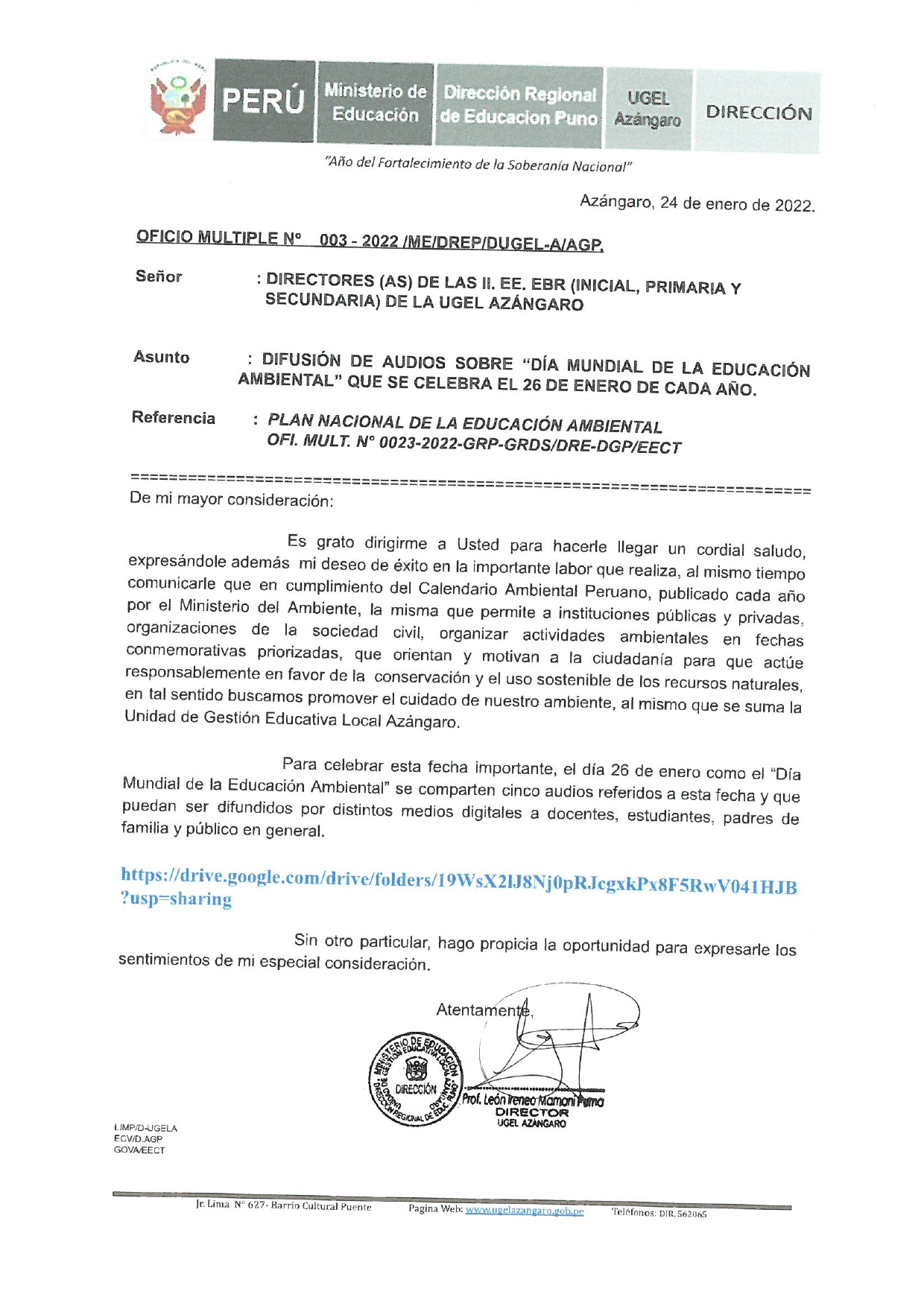 OFICIO MULTIPLE N° 003-2022 – DIFUSIÓN DE AUDIOS SOBRE EL «DÍA MUNDIAL DE LA EDUCACIÓN AMBIENTAL»