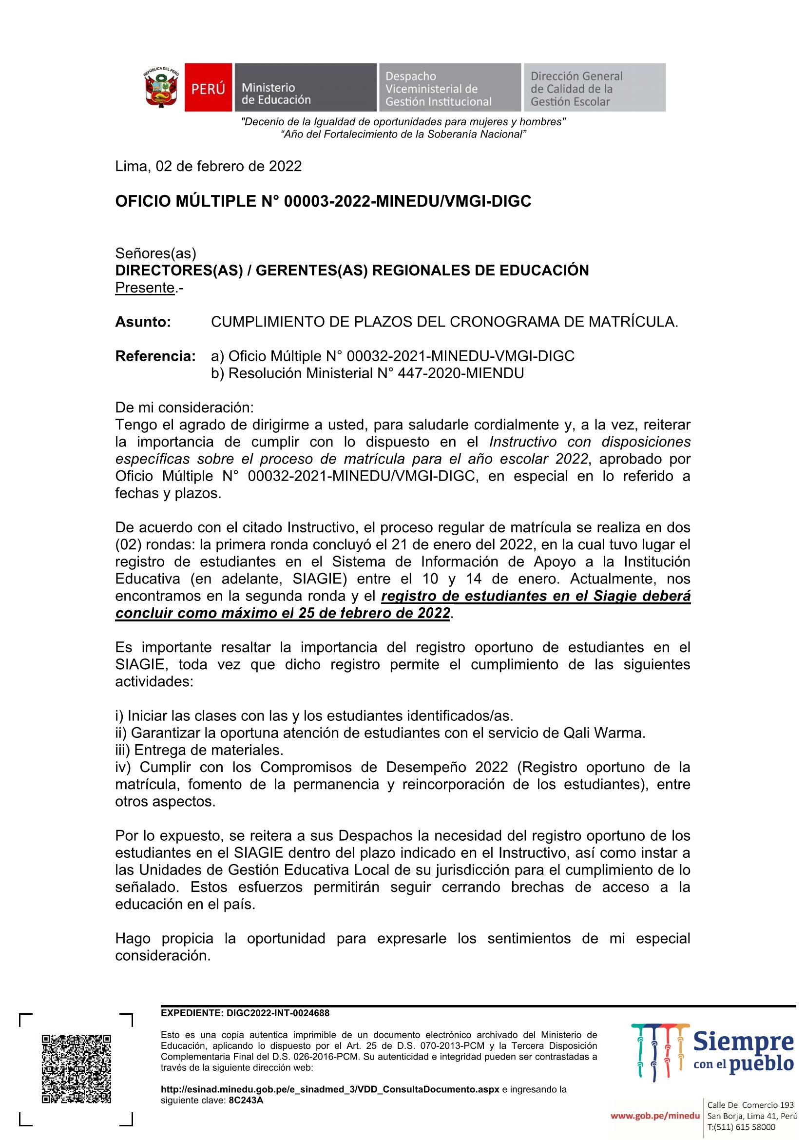 OFICIO MULTIPLE N° 003-2022-MINEDU/VMGI-DIGC.