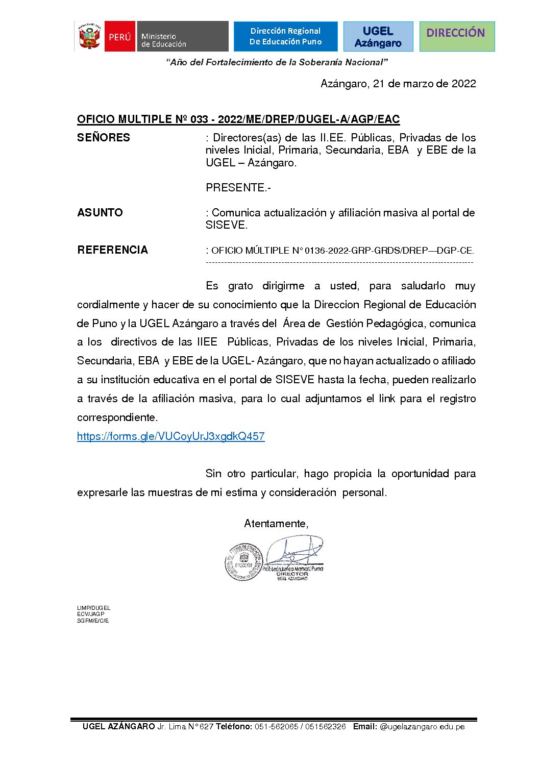 OFICIO MULTIPLE N° 033-2022/ME/DREP/DUGEL-A/AGP/EAC.