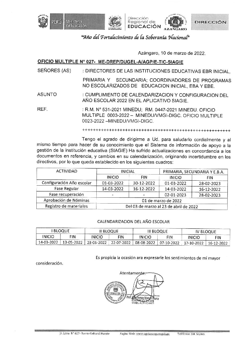 OFICIO MULTIPLE N° 027-ME-DREP/DUGEL-A/AGP/E-TIC-SIAGIE