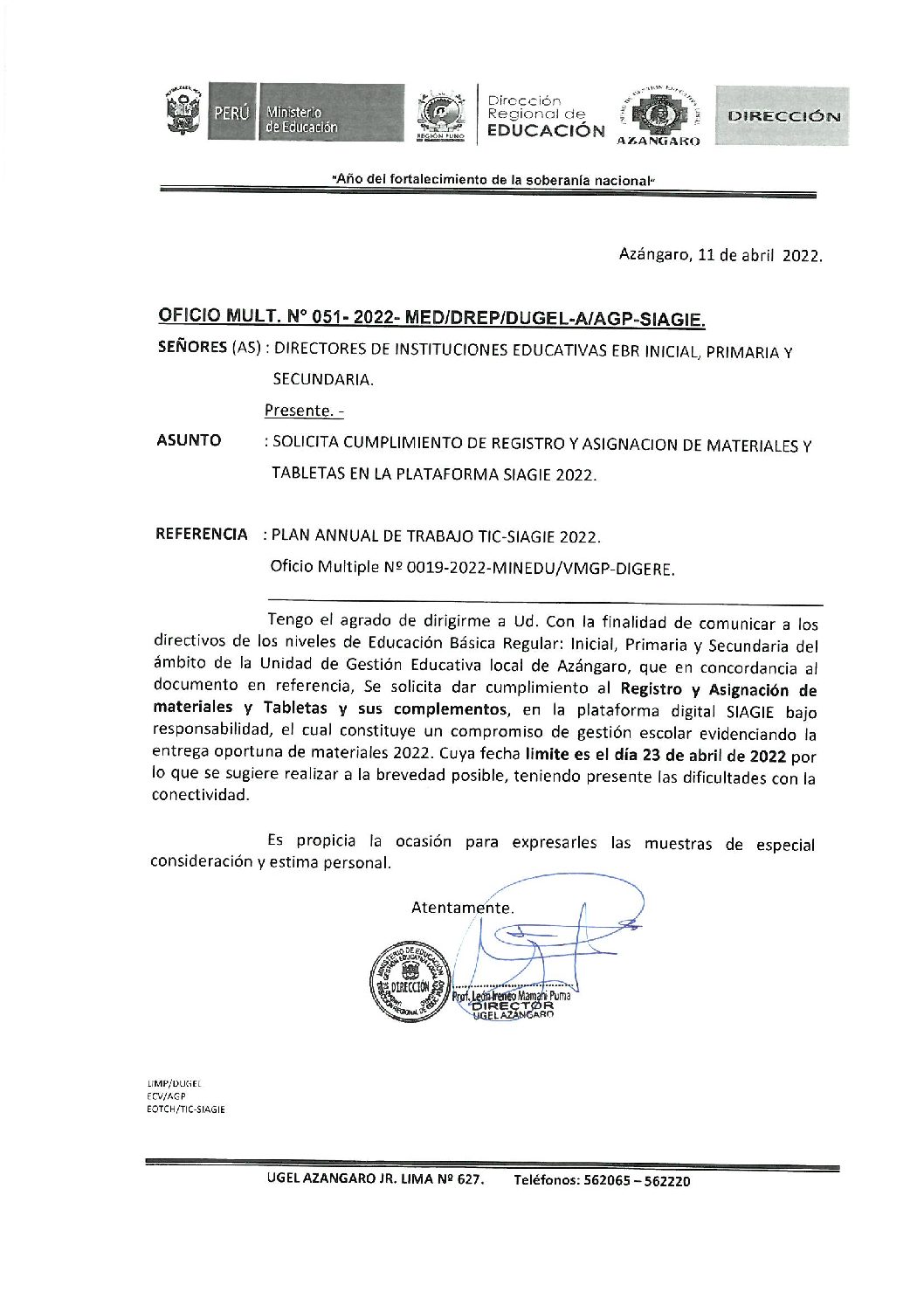 OFICIO MULT. N° 051-2022-MED/DREP/DUGEL-A/AGP-SIAGIE.