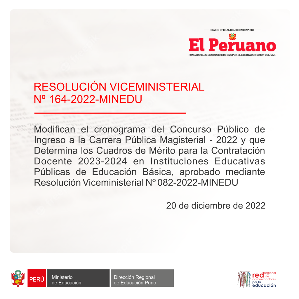 RESOLUCIÓN VICEMINISTERIAL Nº 164-2022-MINEDU – Modifican el cronograma del Concurso Público de ...